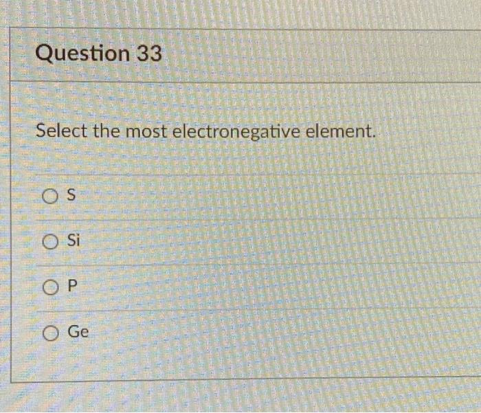 Solved Question 33 Select the most electronegative element. | Chegg.com