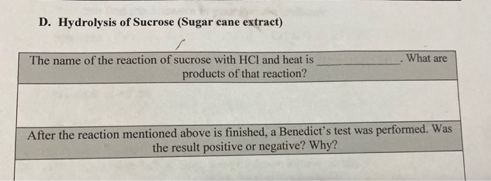 Solved D. Hydrolysis of Sucrose (Sugar cane extract) The | Chegg.com