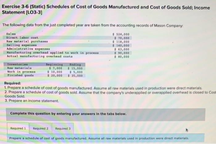 Solved Exercise 3-6 (Static) Schedules of Cost of Goods | Chegg.com