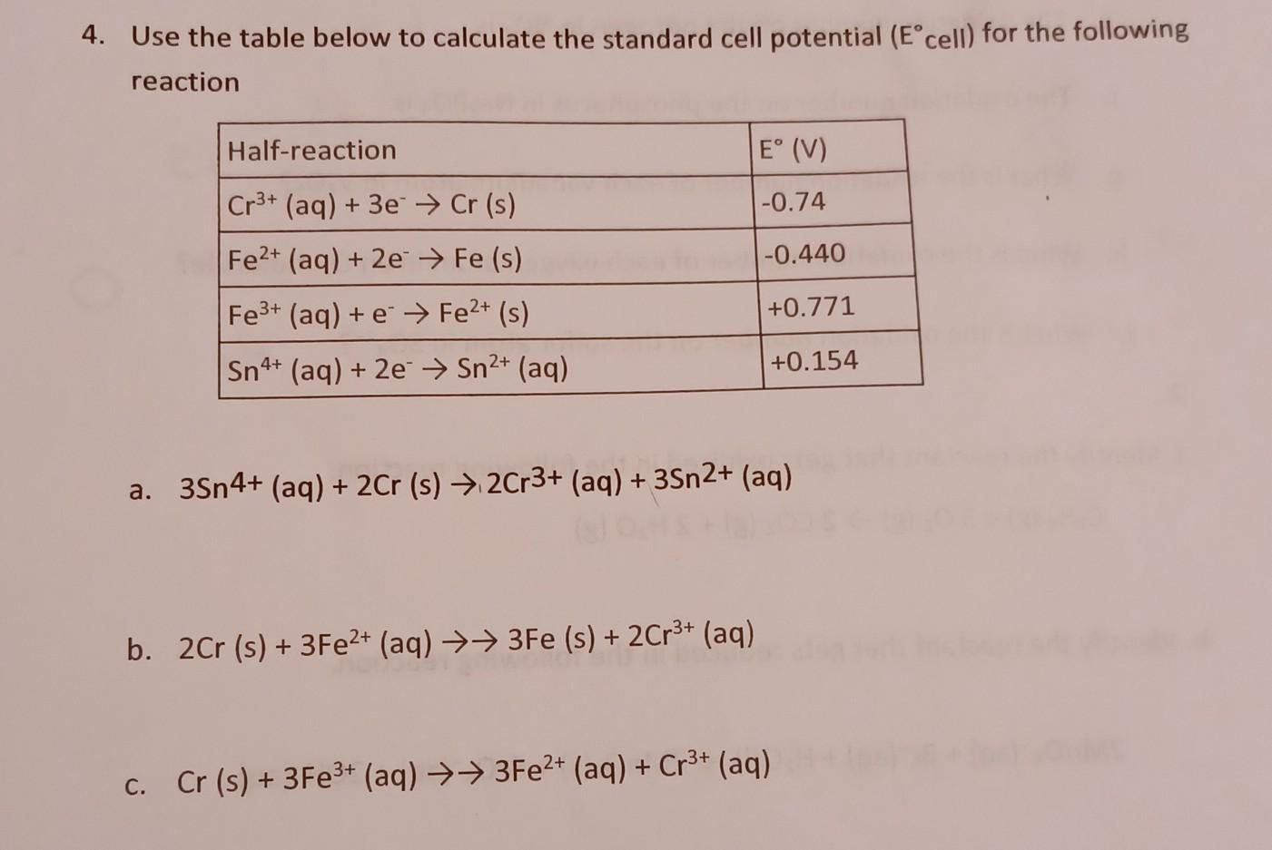 Solved Use the table below to calculate the standard cell | Chegg.com