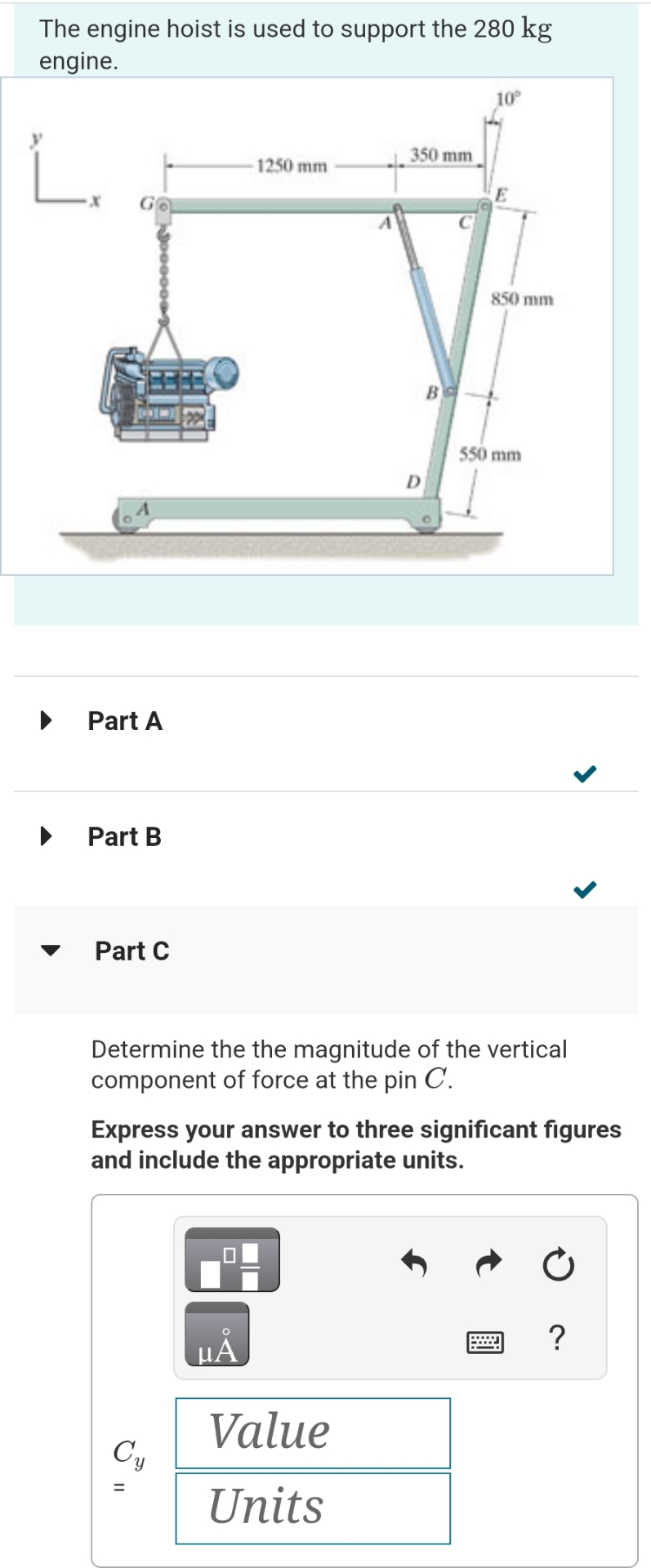 Solved The engine hoist is used to support the 280kg | Chegg.com