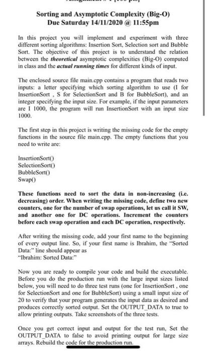Solved Sorting and Asymptotic Complexity (Big-O) Due | Chegg.com