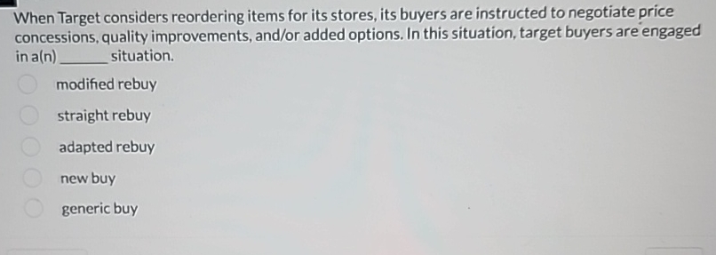 Solved When Target considers reordering items for its | Chegg.com