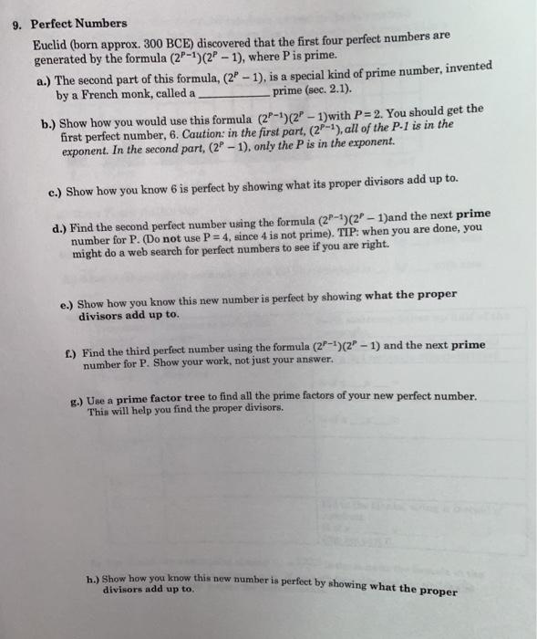 Solved 9. Perfect Numbers Euclid (born approx. 300 BCE) | Chegg.com