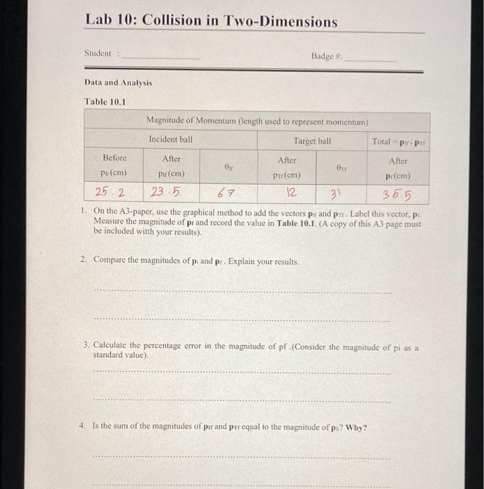 Solved Lab 10: Collision in Two-Dimensions Student Badge # | Chegg.com
