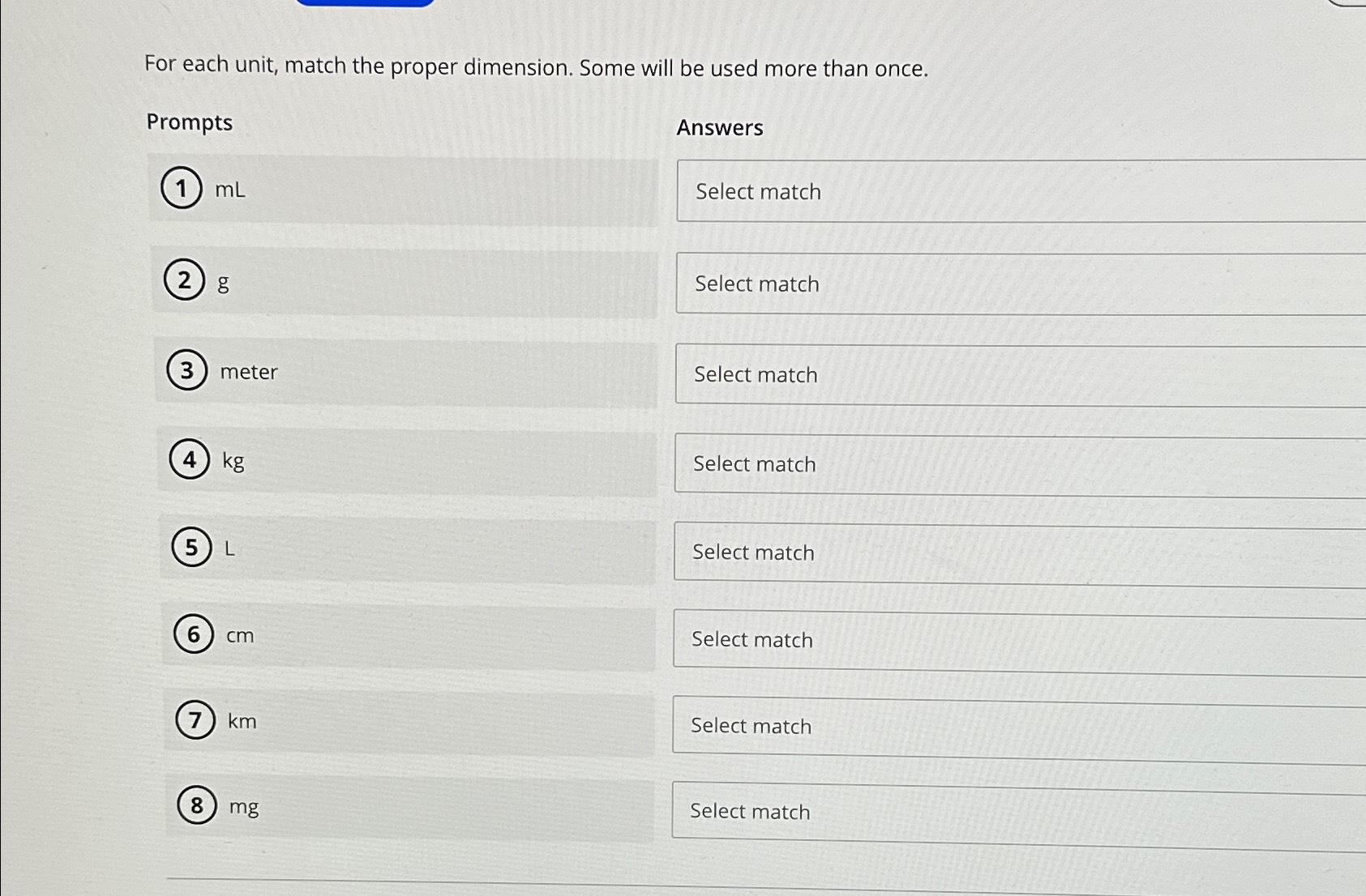 For each unit, match the proper dimension. Some will | Chegg.com