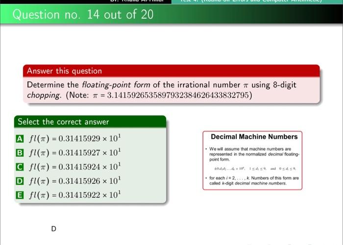 Solved Question no. 14 out of 20 Answer this question | Chegg.com