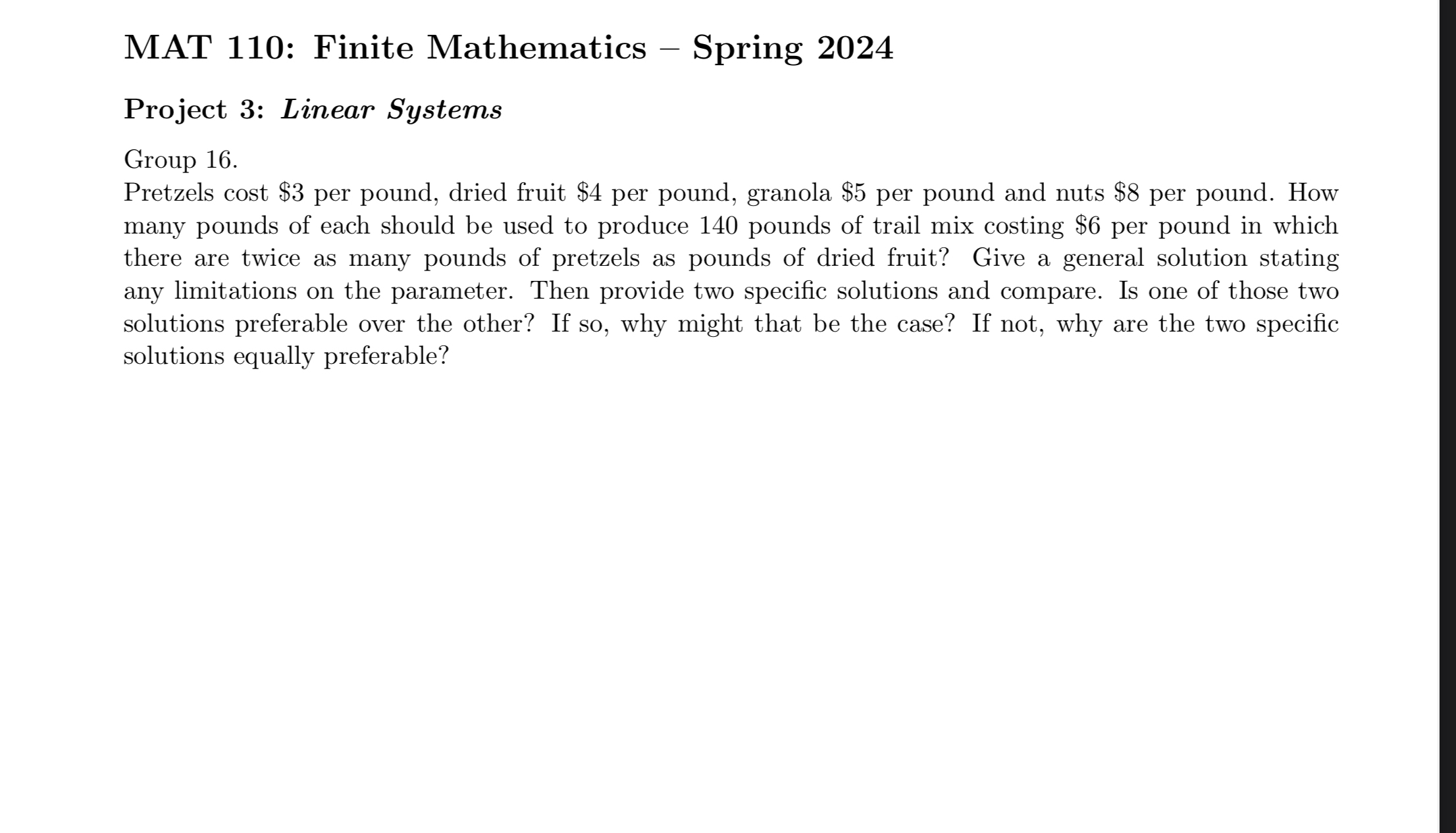 Solved MAT 110: Finite Mathematics - ﻿Spring 2024Project 3: | Chegg.com