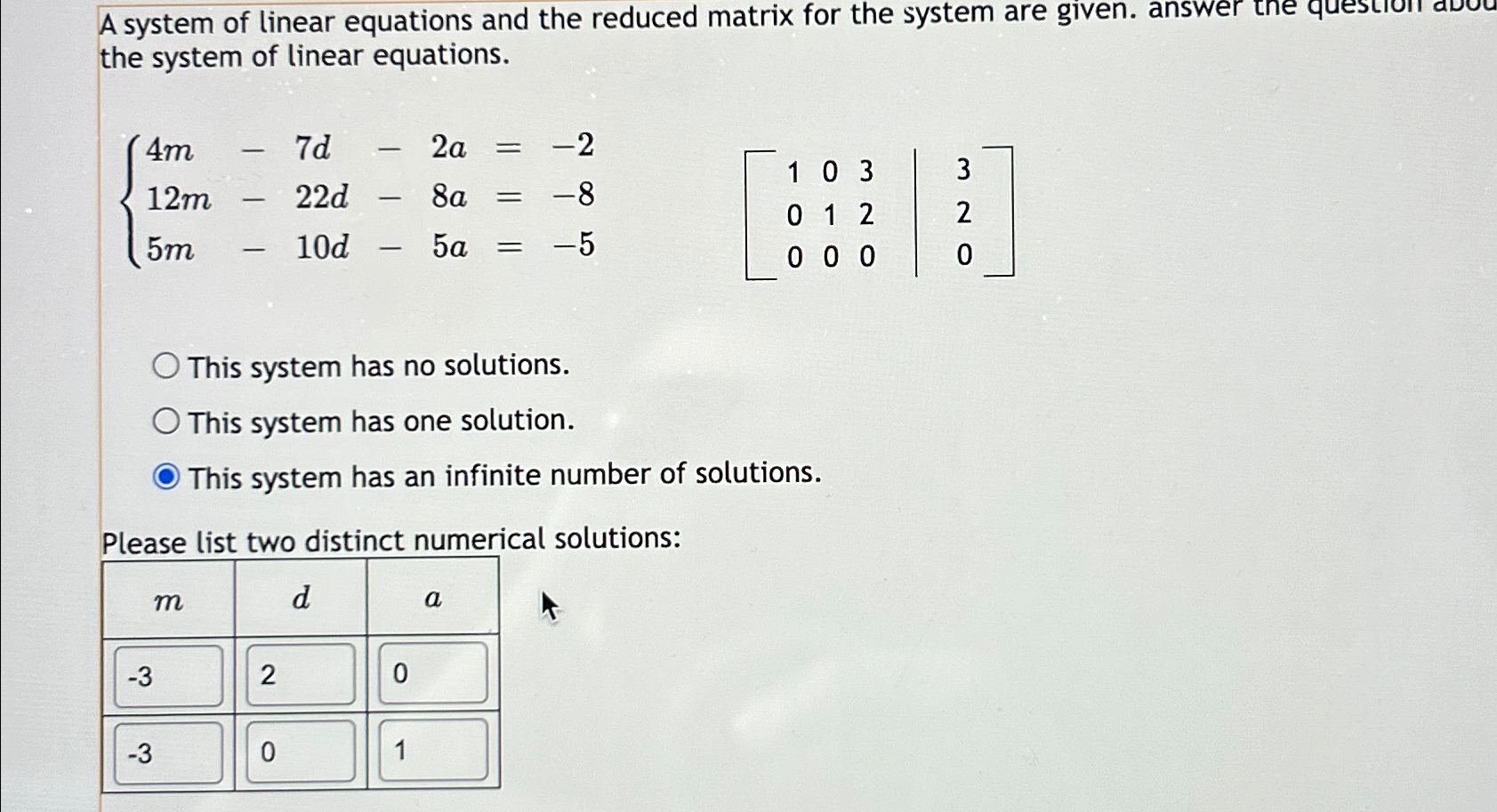 A system of linear equations and the reduced matrix | Chegg.com
