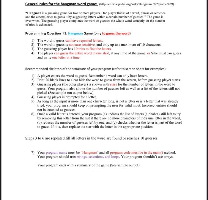 Solved General rules for the hangman word game: | Chegg.com