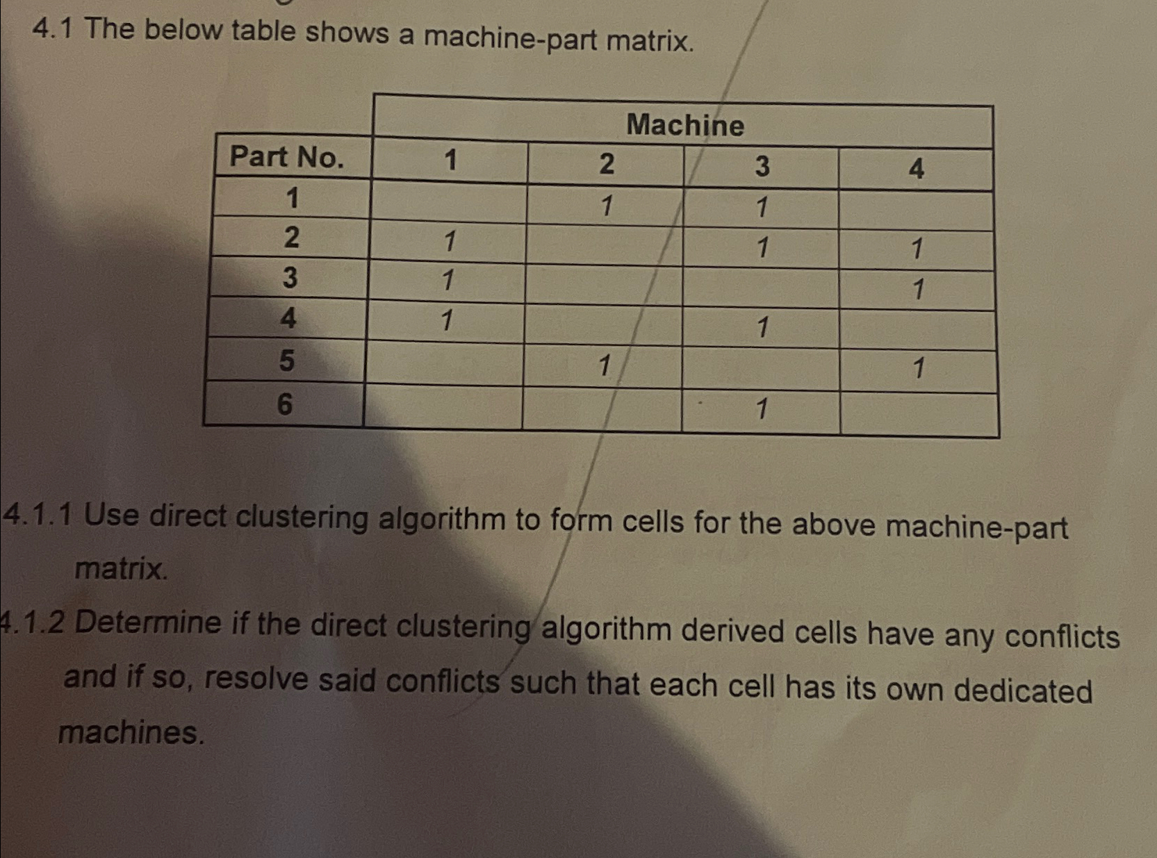 Solved 4.1 ﻿The below table shows a machine-part | Chegg.com
