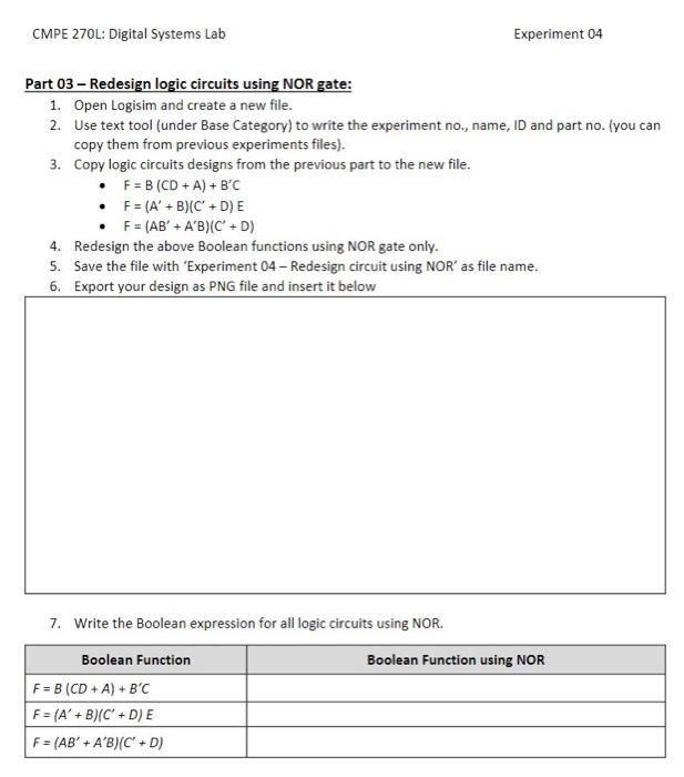 Solved Part 03 - Redesign logic circuits using NOR gate: 1. | Chegg.com