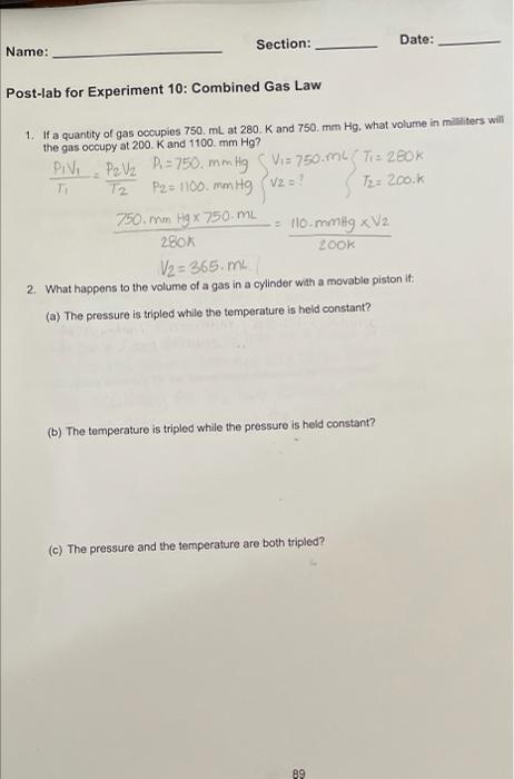 Solved Date: Section: Name: Post-lab for Experiment 10: | Chegg.com