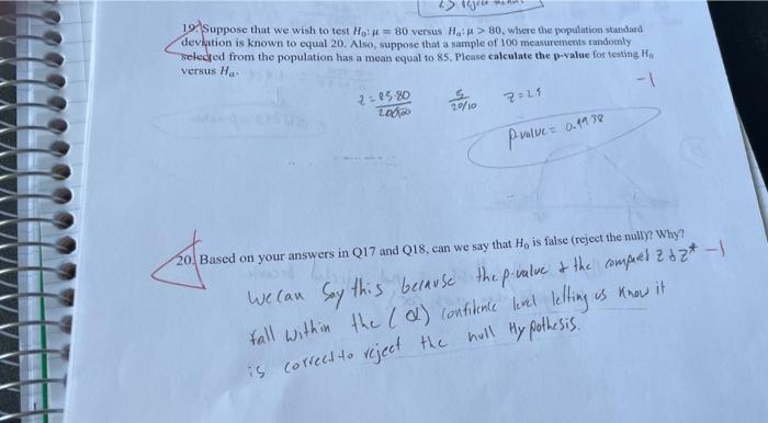 Solved 19. Suppose that we wish to test H0:μ=80 versus | Chegg.com