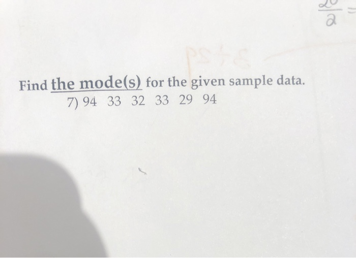 Solved Find the mode(s) for the given sample data. 7) 94 33 | Chegg.com
