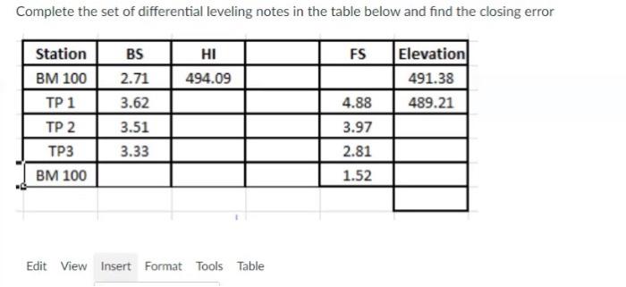 Solved Complete the set of differential leveling notes in | Chegg.com