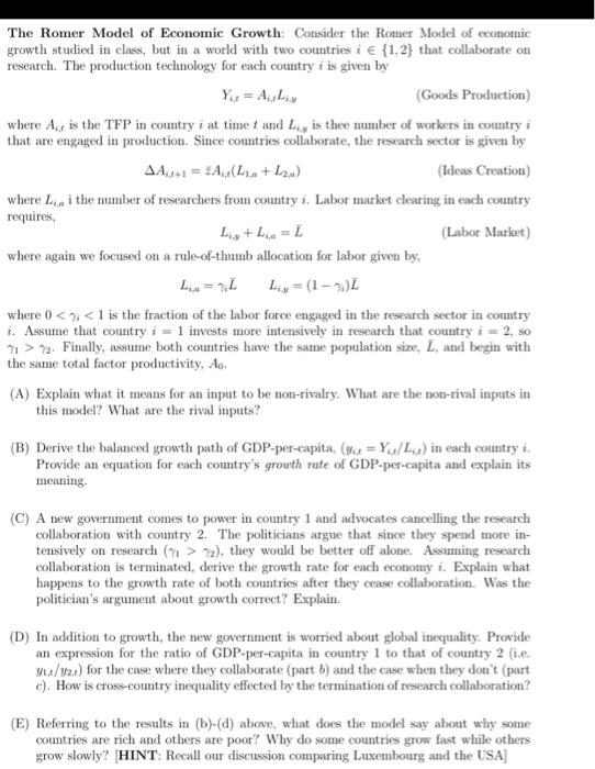 Solved The Romer Model of Economic Growth: Consider the | Chegg.com