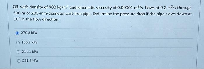 Solved Oil, with density of 900 kg/m3 and kinematic | Chegg.com