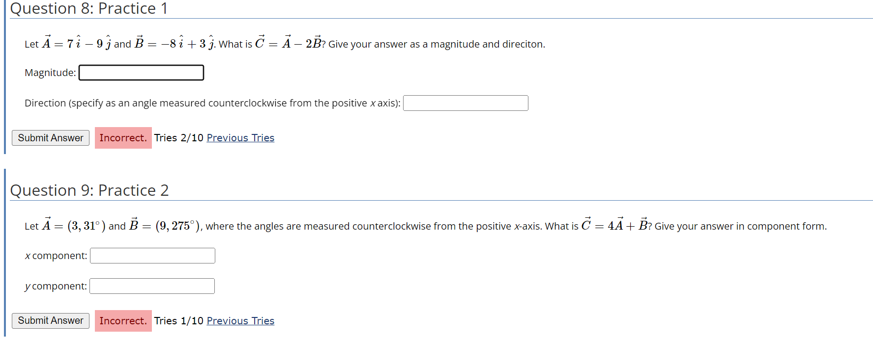 Solved Question 9: Practice 2Let vec(A)=(3,31°) ﻿and | Chegg.com