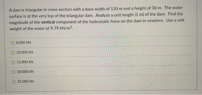 Solved A dam is triangular in cross-section with a base | Chegg.com