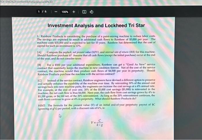 Investment Analysis and Lockheed Tri Star 1. Rainbow | Chegg.com