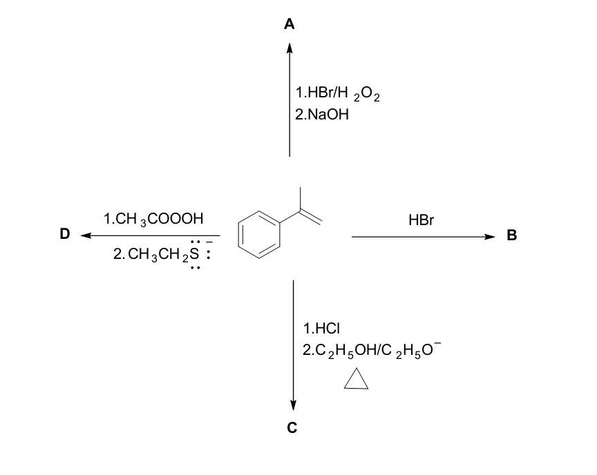 Solved А. 1.HBr/H 202 2.NaOH 1.CH3COOOH HBr D B 2. CH3CH2S : | Chegg.com