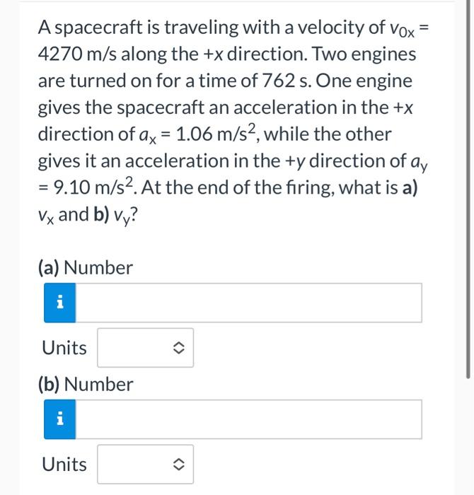 Solved A spacecraft is traveling with a velocity of v0x= | Chegg.com