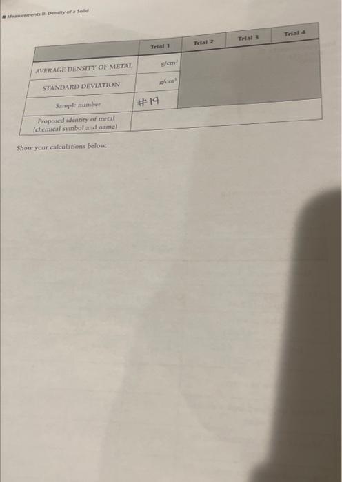 Solved Density of Unknown Metal Temperature of water: 21C | Chegg.com
