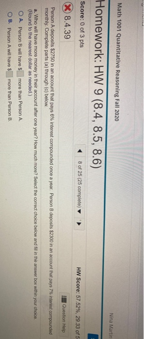 Solved Math 1001 Quantitative Reasoning Fall 2020 Nina | Chegg.com