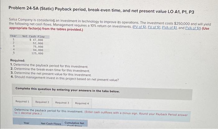 Solved Problem 24-5A (Static) Payback period, break-even | Chegg.com