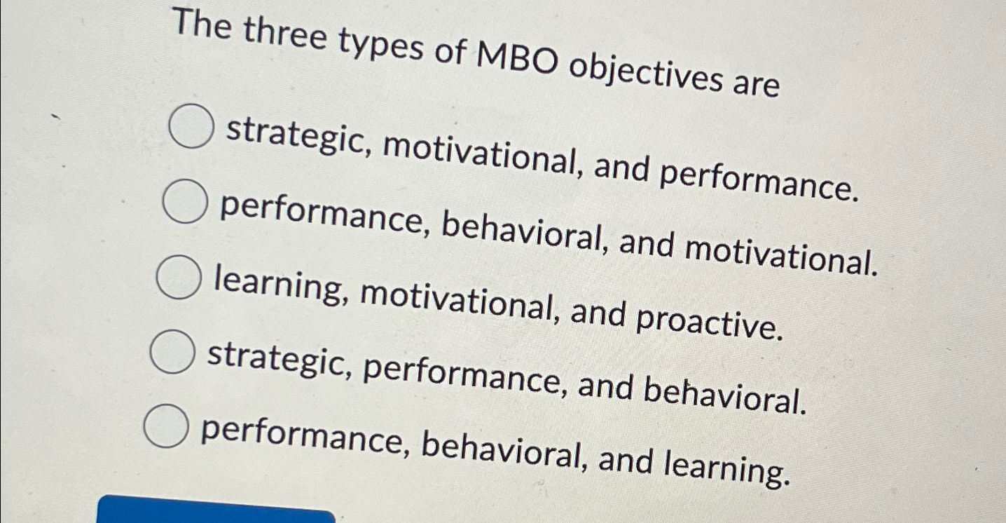 Solved The three types of MBO objectives are strategic, | Chegg.com