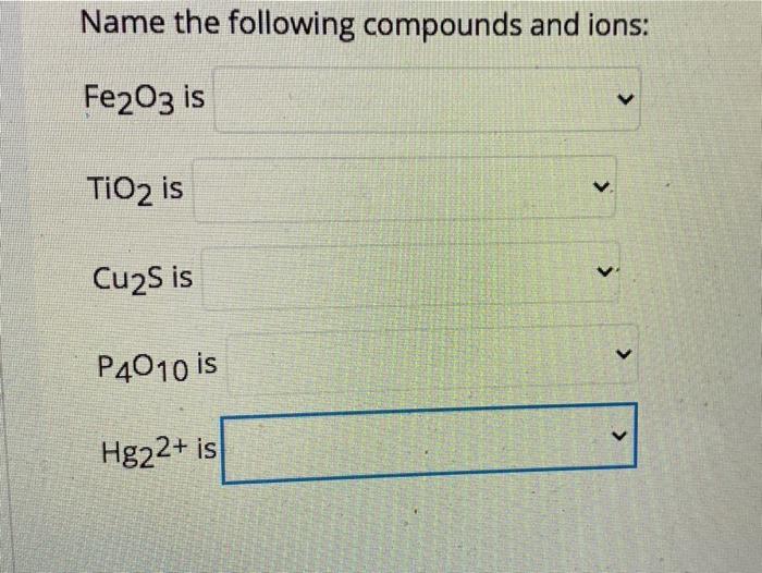 Solved Name the following compounds and ions: Fe2O3 is TiO2 | Chegg.com
