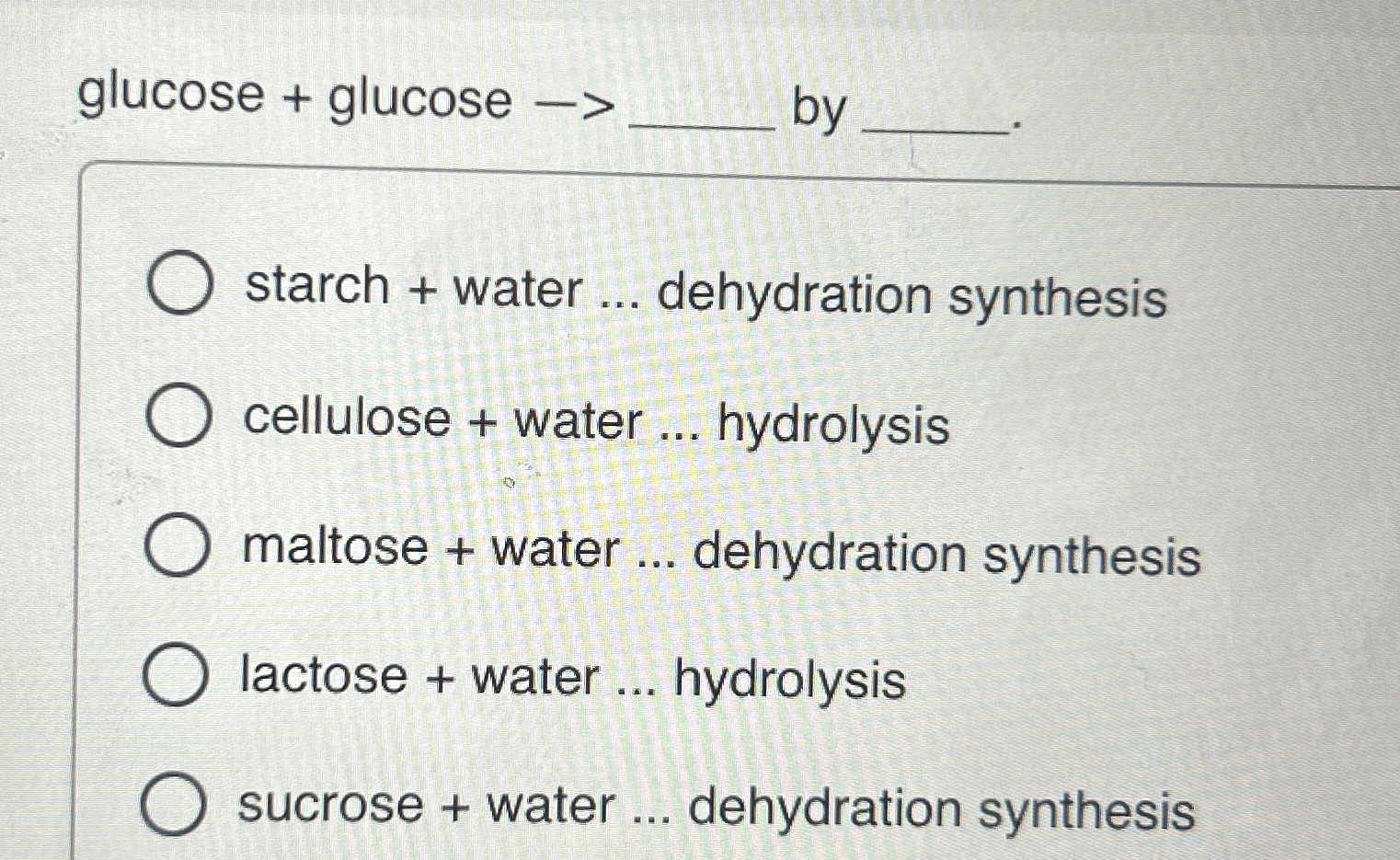 Solved glucose + ﻿glucose → ﻿bystarch + ﻿water ... | Chegg.com