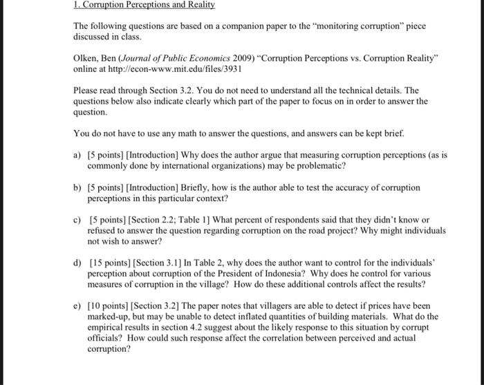 Solved 1. Corruption Perceptions and Reality The following | Chegg.com