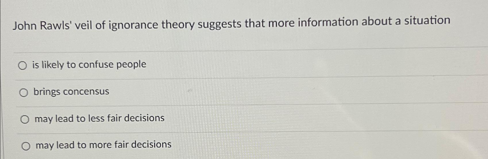 Solved John Rawls' veil of ignorance theory suggests that | Chegg.com