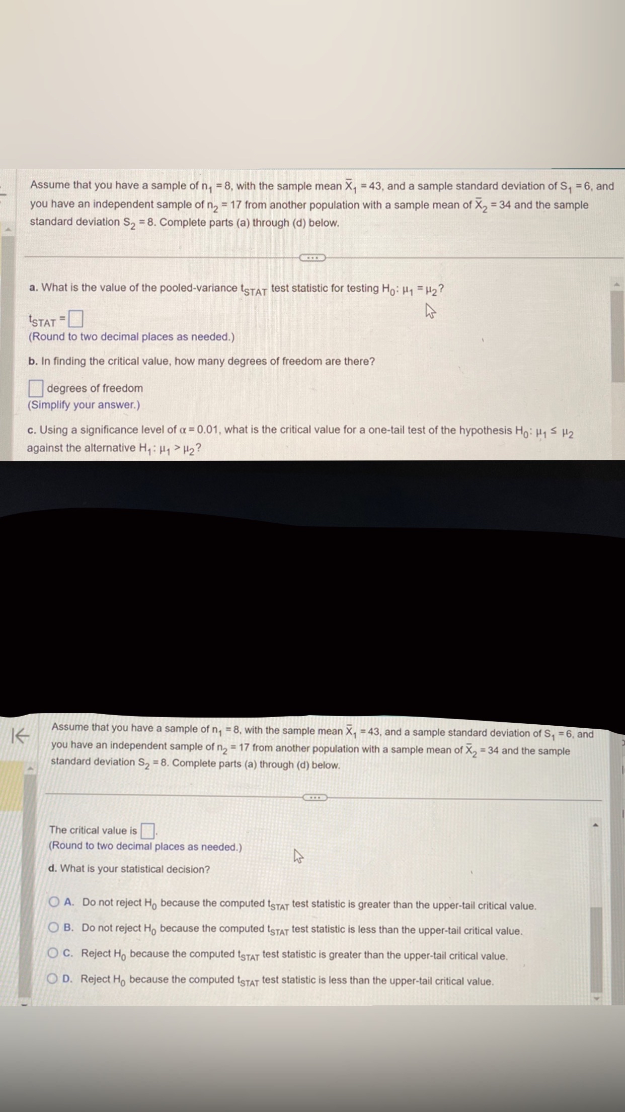 Solved Assume that you have a sample of n1=8, ﻿with the | Chegg.com