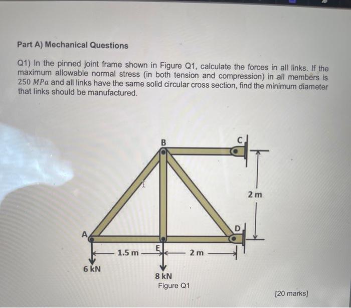 Solved Part A) Mechanical Questions Q1) In the pinned joint | Chegg.com