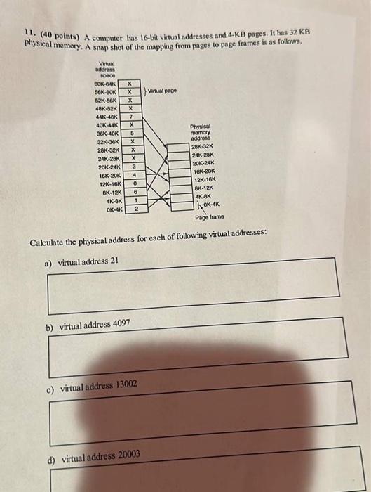 Solved 11. (40 points) A computer has 16-bit virtual | Chegg.com