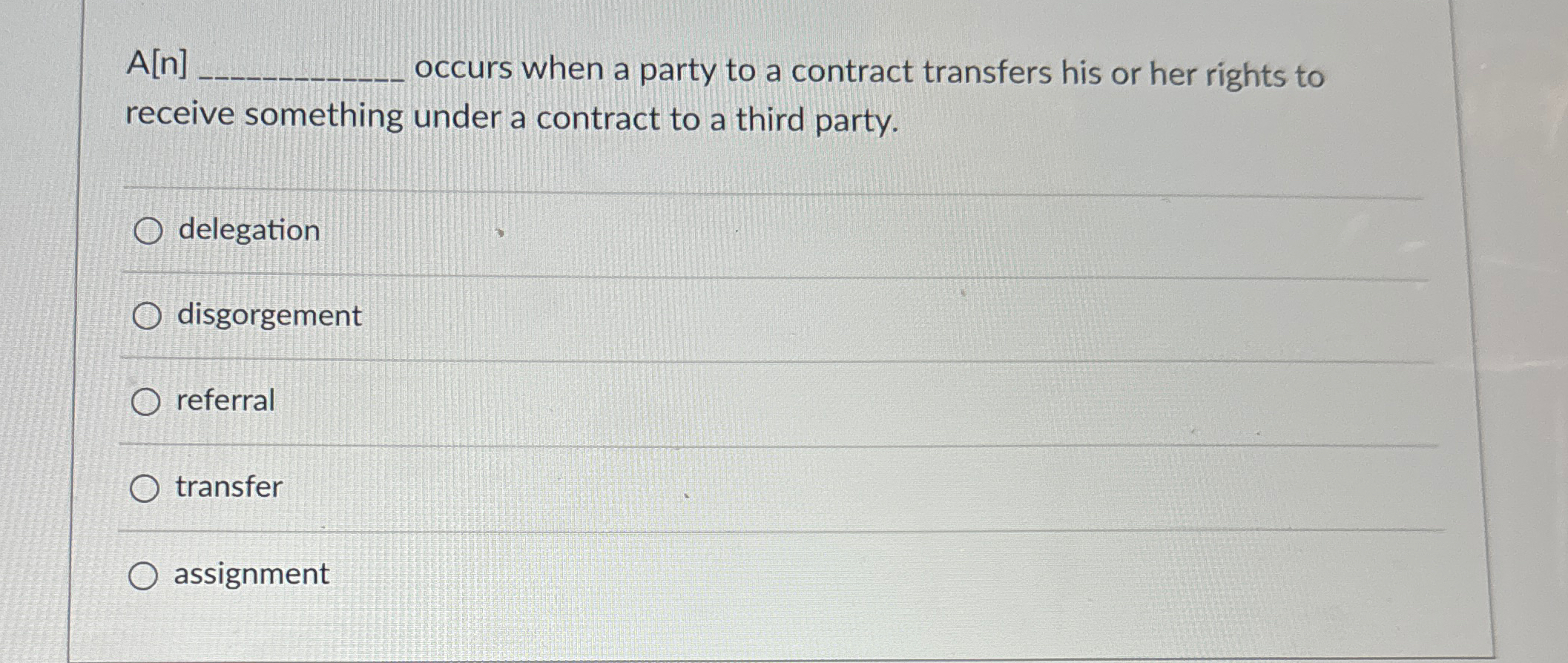 Solved A[n] ﻿occurs when a party to a contract transfers | Chegg.com
