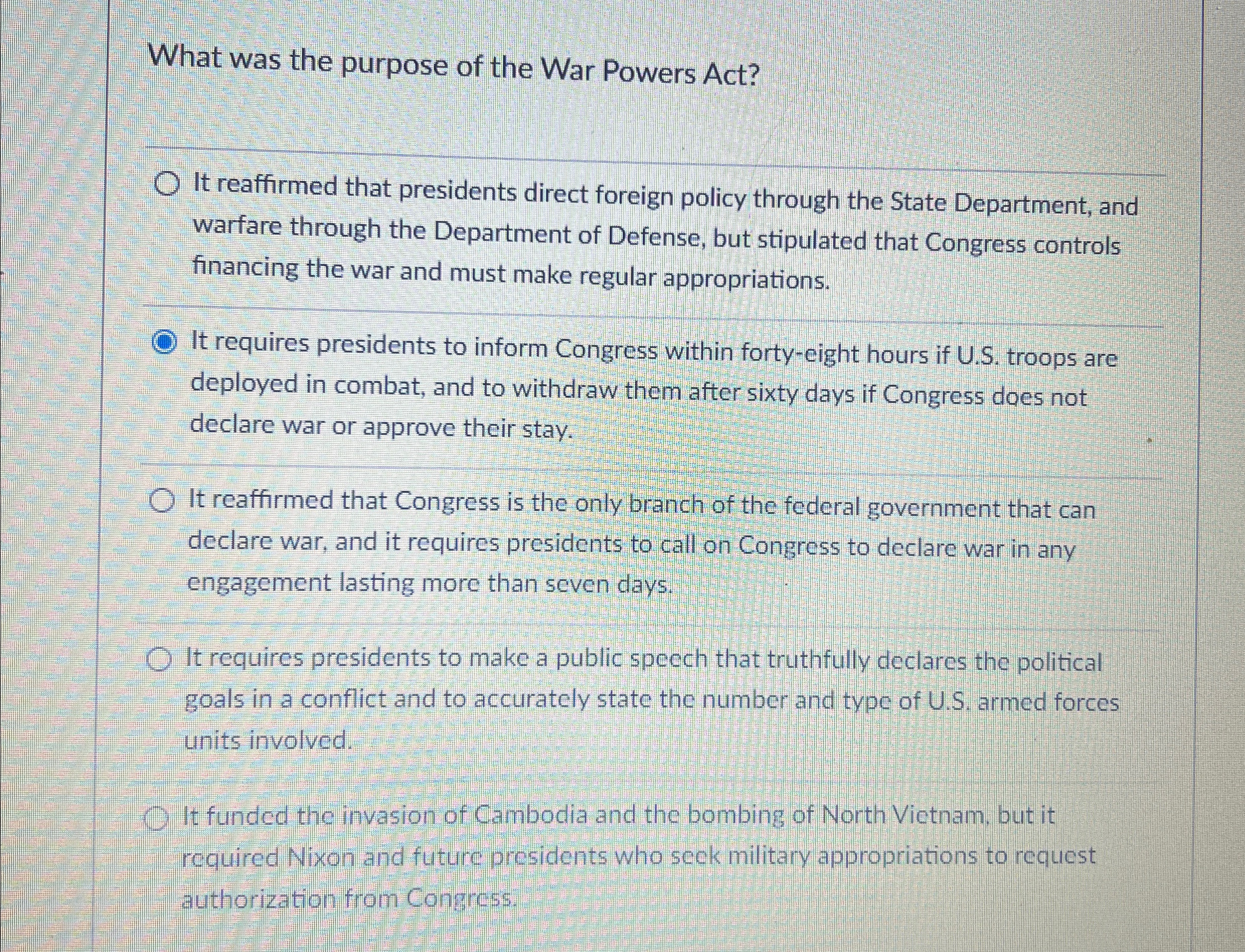 Solved What was the purpose of the War Powers Act?It | Chegg.com