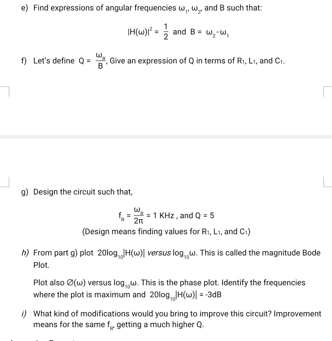 Solved Given the following circuit: L1 C1 HH w Vin R1 Vout | Chegg.com