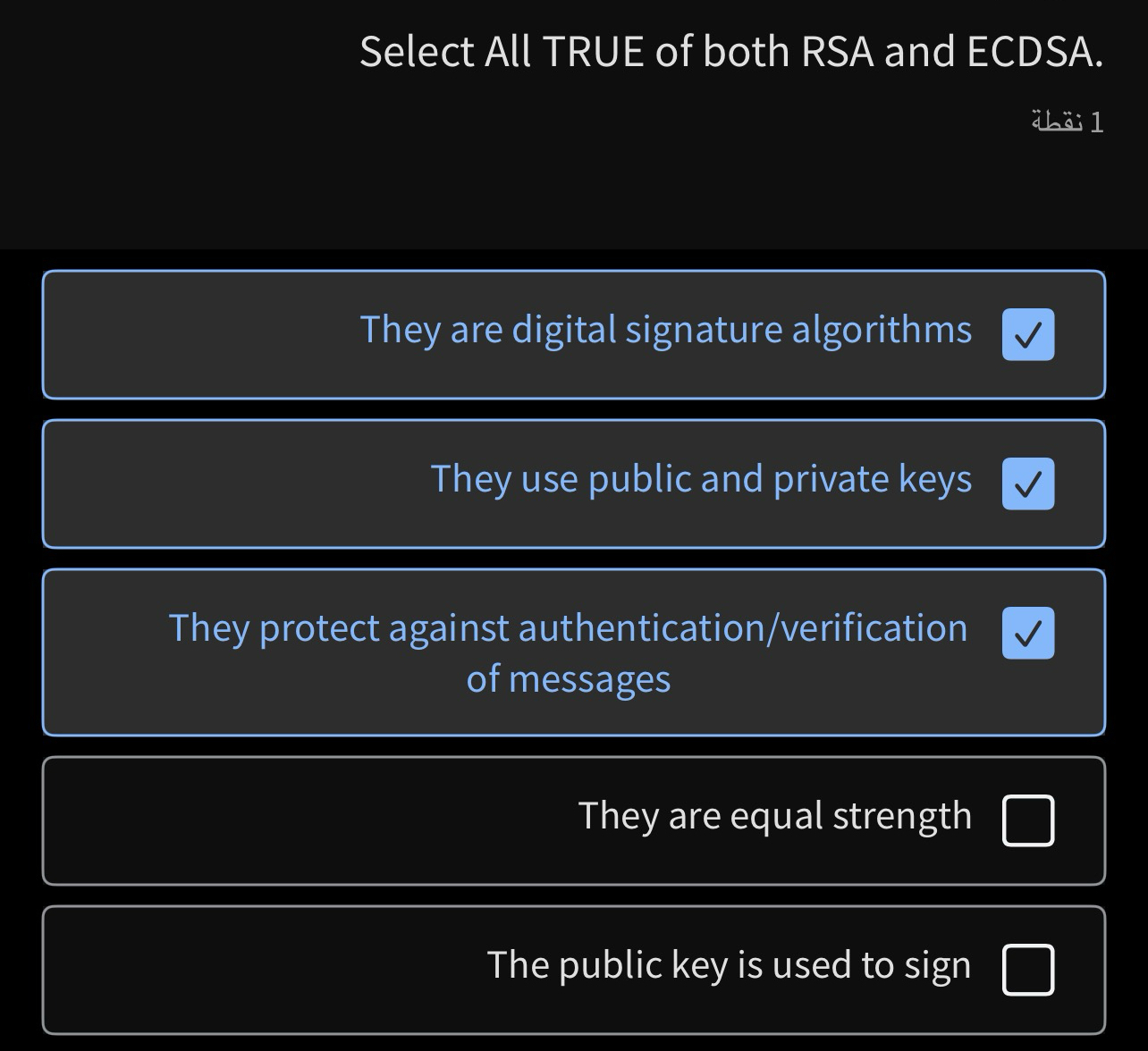 Solved Select All TRUE of both RSA and ECDSA.They are | Chegg.com