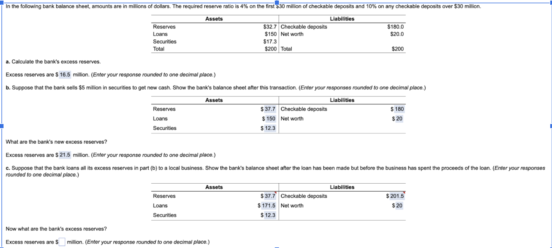 Solved a. ﻿Calculate the bank's excess reserves.Excess | Chegg.com