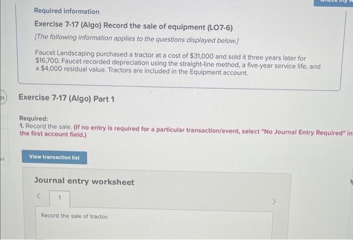 Solved Required information Exercise 7-17 (Algo) Record the | Chegg.com