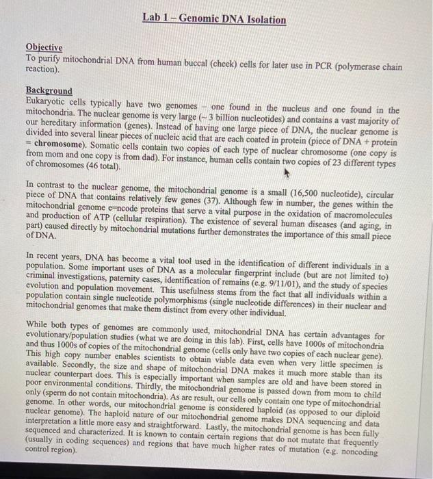 Solved Lab 1 - Genomic DNA Isolation Objective To purify | Chegg.com