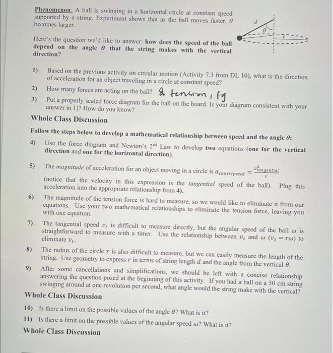 Solved Phenomenon: A ball is swinging in a horizontal circle | Chegg.com