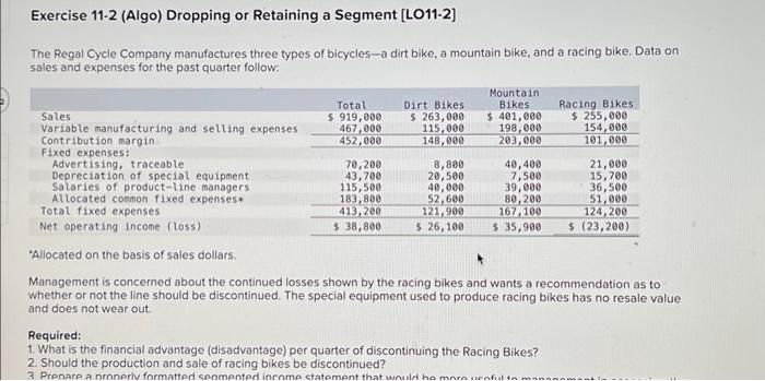Solved Exercise 11-2 (Algo) Dropping or Retaining a Segment | Chegg.com