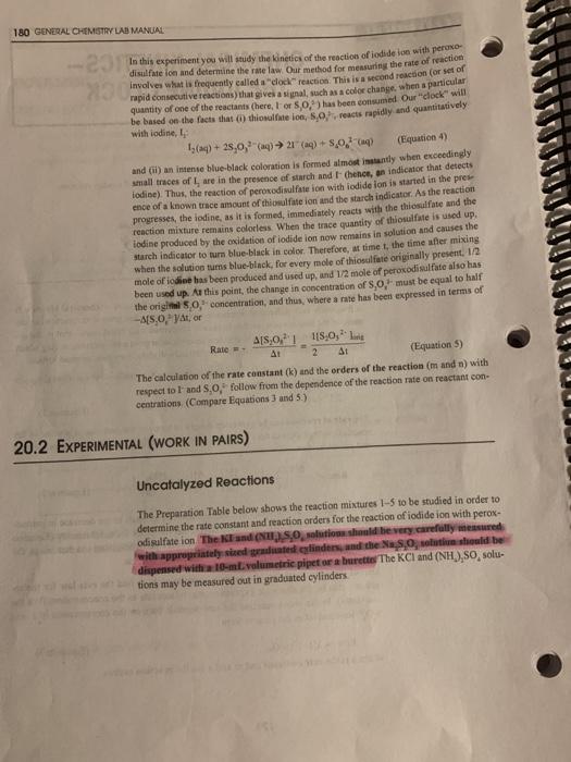 EXPERIMENT 20 CHEMICAL KINETICS- THE IODINE CLOCK | Chegg.com
