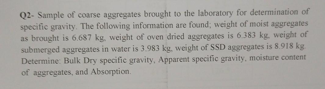 Solved Q2- Sample of coarse aggregates brought to the | Chegg.com