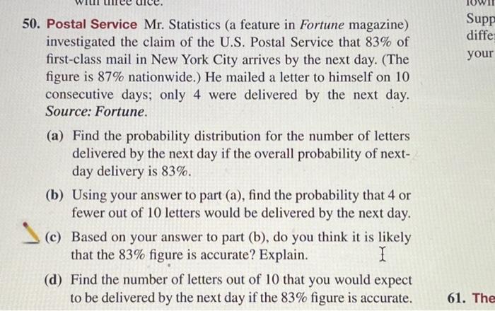 Solved 50. Postal Service Mr. Statistics (a feature in | Chegg.com